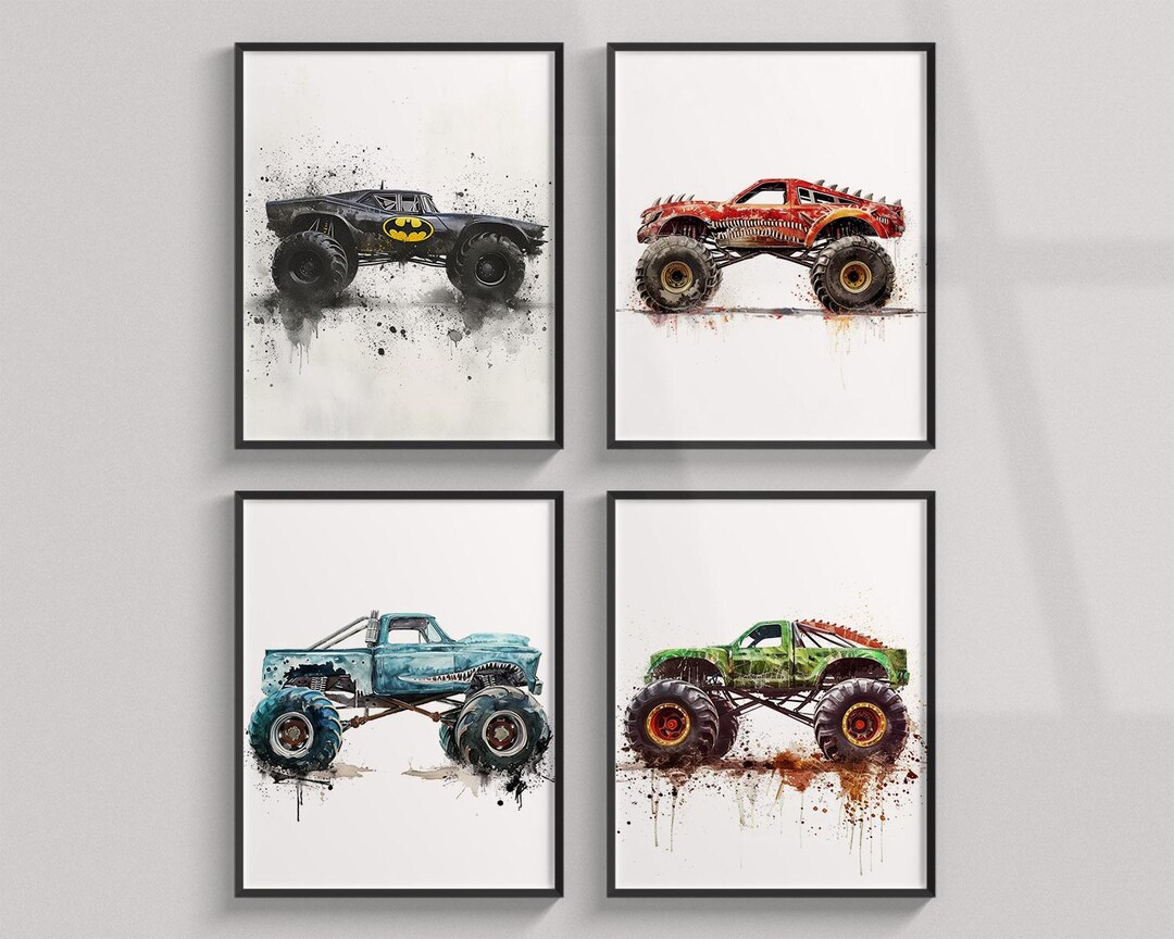 Monster Truck. Set of 4 Watercolor Prints. Boys Room Wall Decor ...
