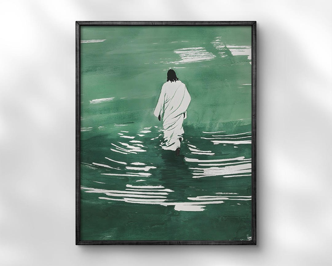 Jesus Christ Walking on Water Painting, Emerald Green Abstract ...