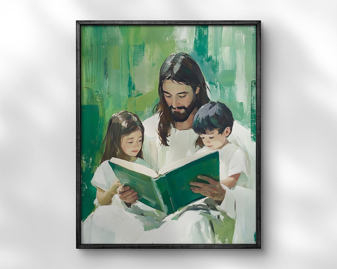 Jesus Christ Reading Book to Children, Jesus and Kids, Emerald Green ...