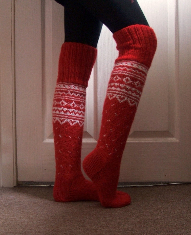 Hand Knit Above the Knee Red Long Winter Socks Nordic Scandinavian ...