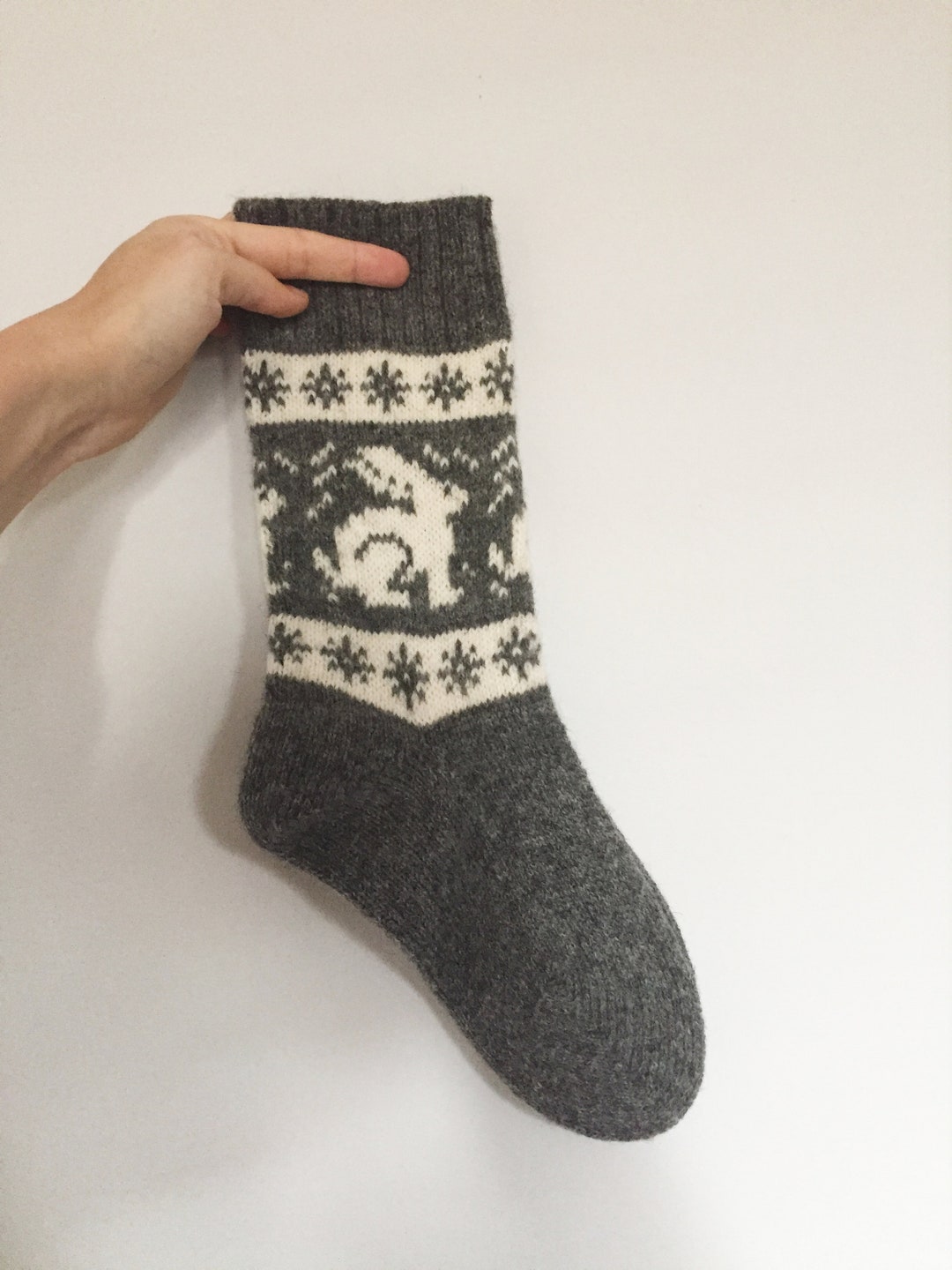 White Grey Wool Socks Rabbit Bunny Hare Fairisle Winter Christmas ...