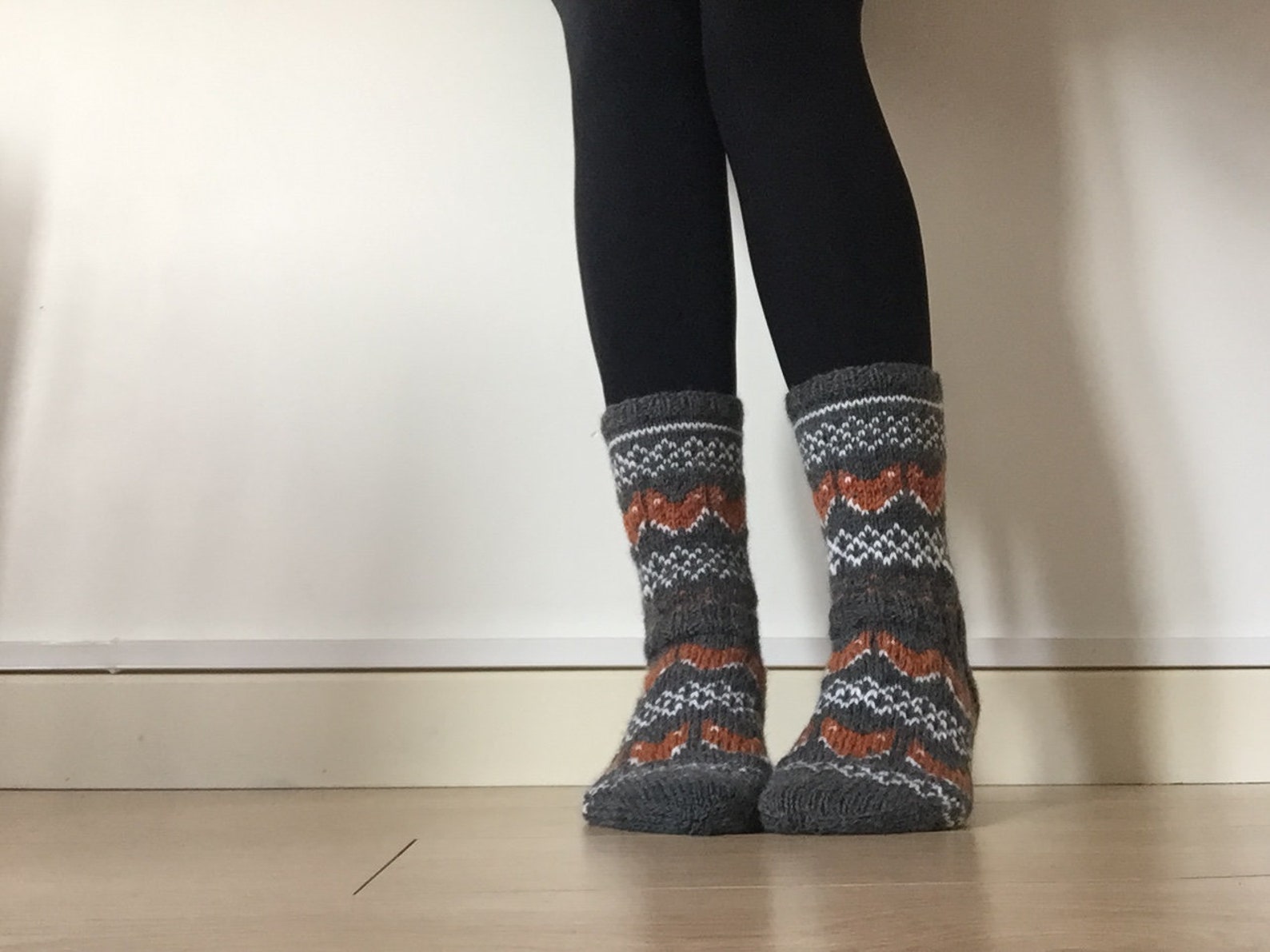 Hand Knit Wool Socks Fox Foxy Socks Grey Orange White Winter - Etsy
