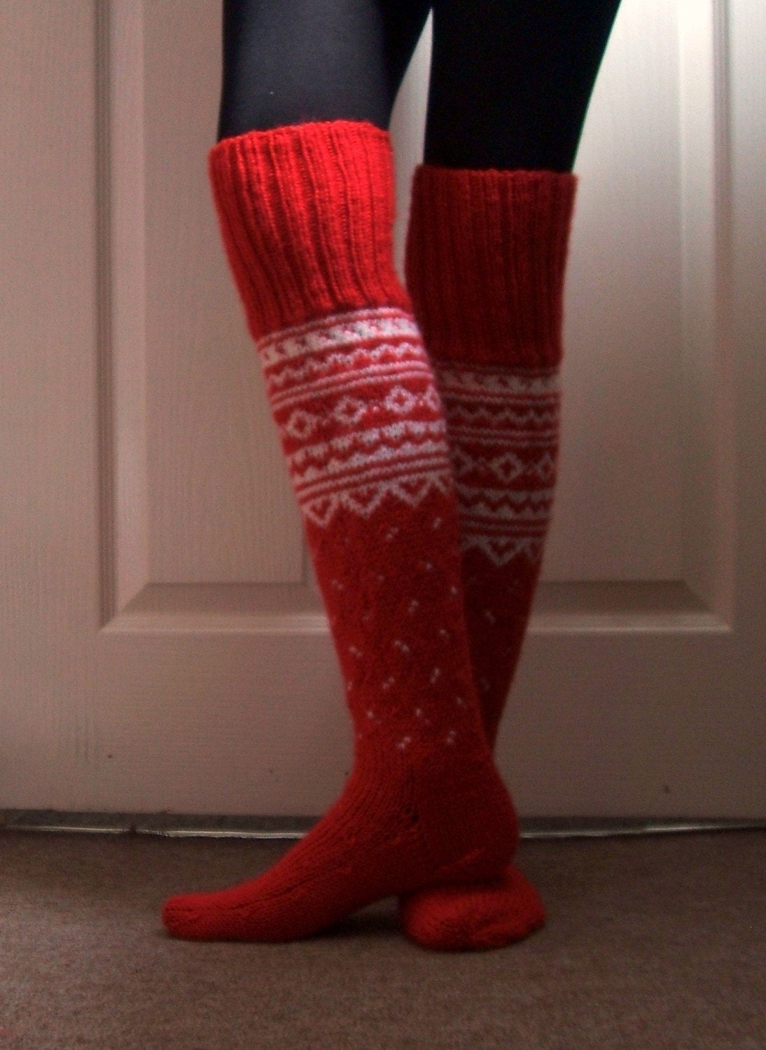 Hand Knit Above the Knee Red Long Winter Socks Nordic Scandinavian ...
