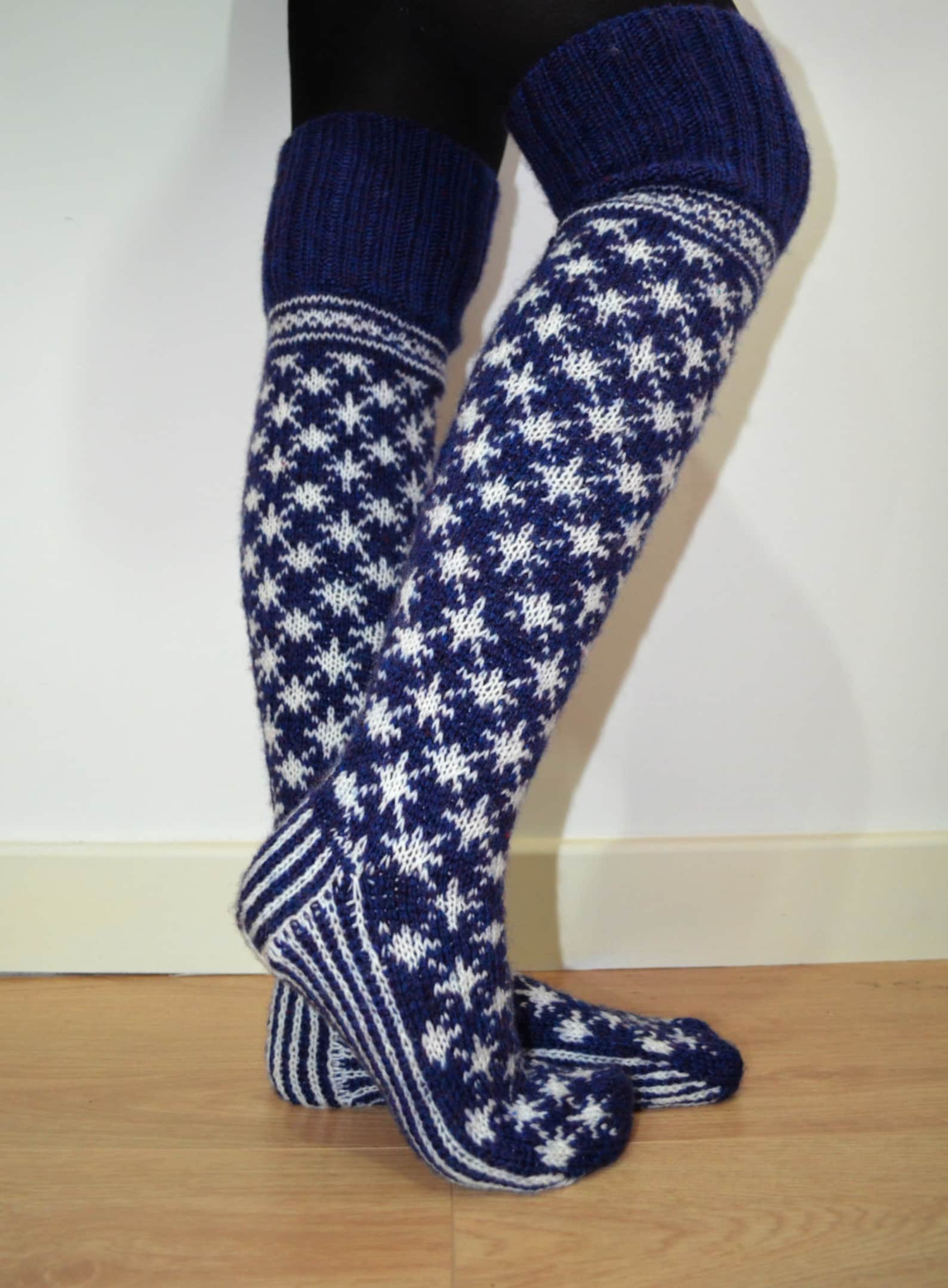 Hand Knit Wool Socks Above the Knee Blue White Christmas Snowflake ...