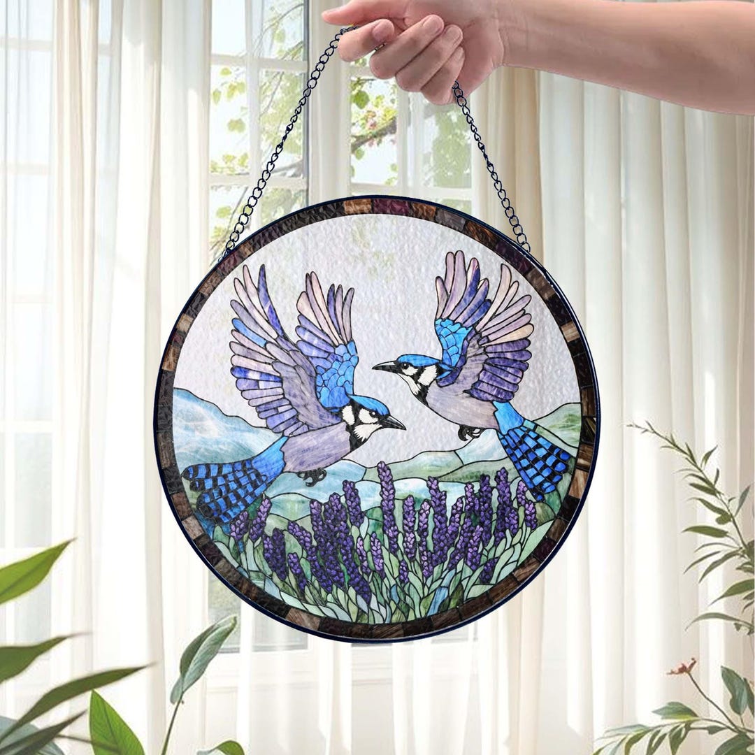 Blue Jay Birds and Lavender Flowers Stained Glass Suncatcher, Stained ...