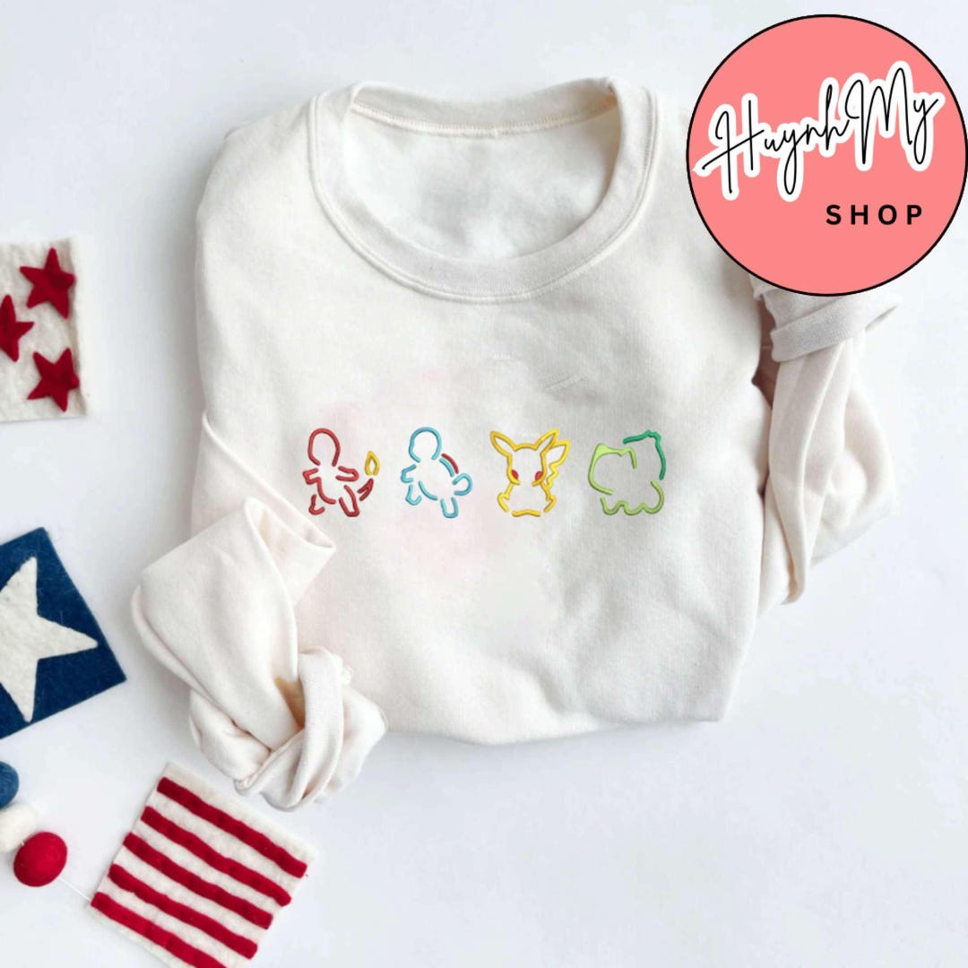 PKM Characters Embroidered Sweatshirt, Cartoon Anime Crewneck, Anime ...