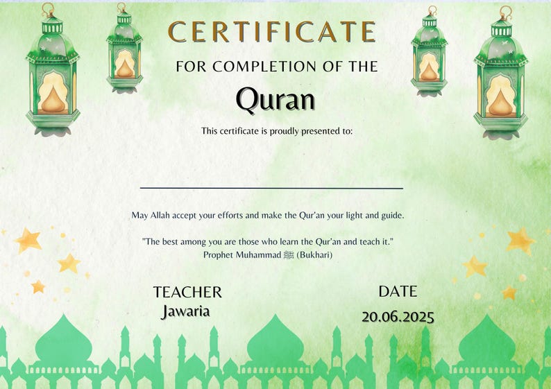 Editable Quran Completion Certificate | Islamic Printable Certificate ...