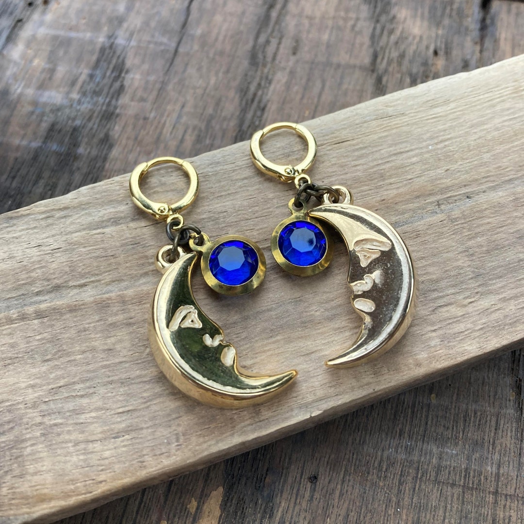 MIDNIGHT MOONS Gold & Blue Moon Huggie Hoops Gold Celestial Hoop ...