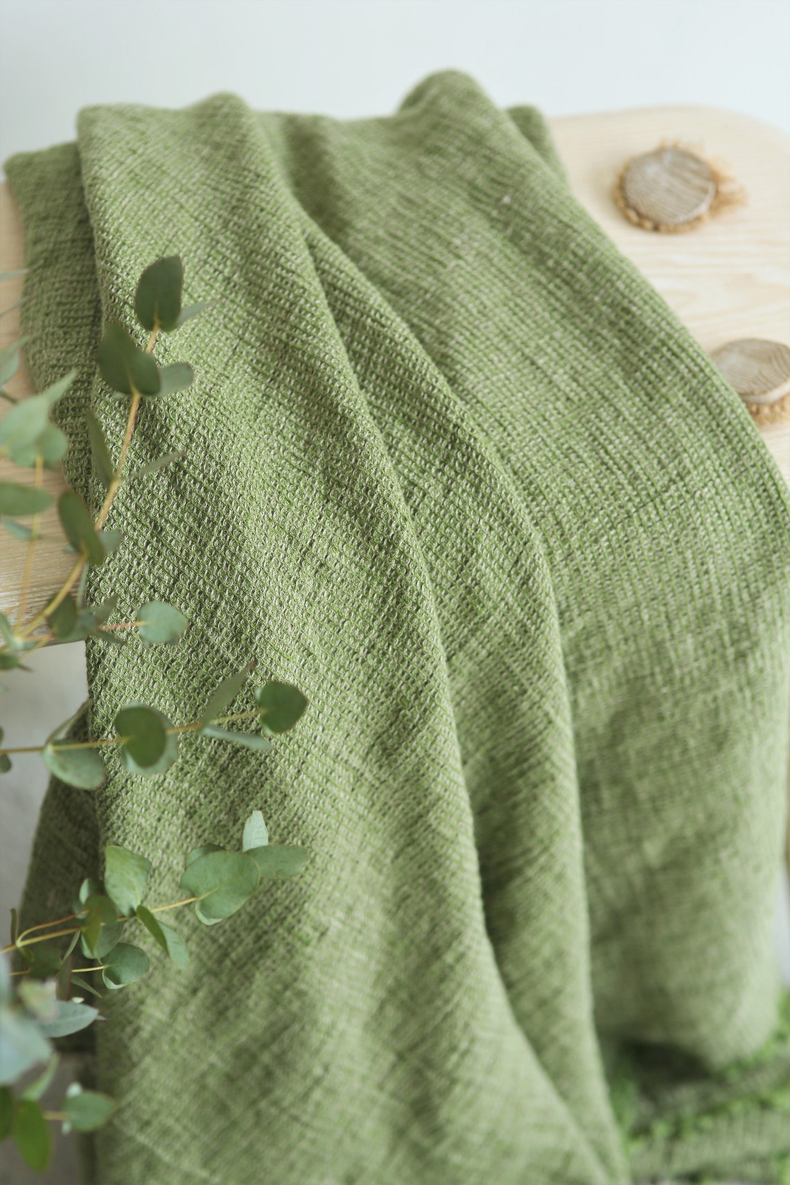 Linen blanket. Waffle linen throw. Linen bedding in green. | Etsy
