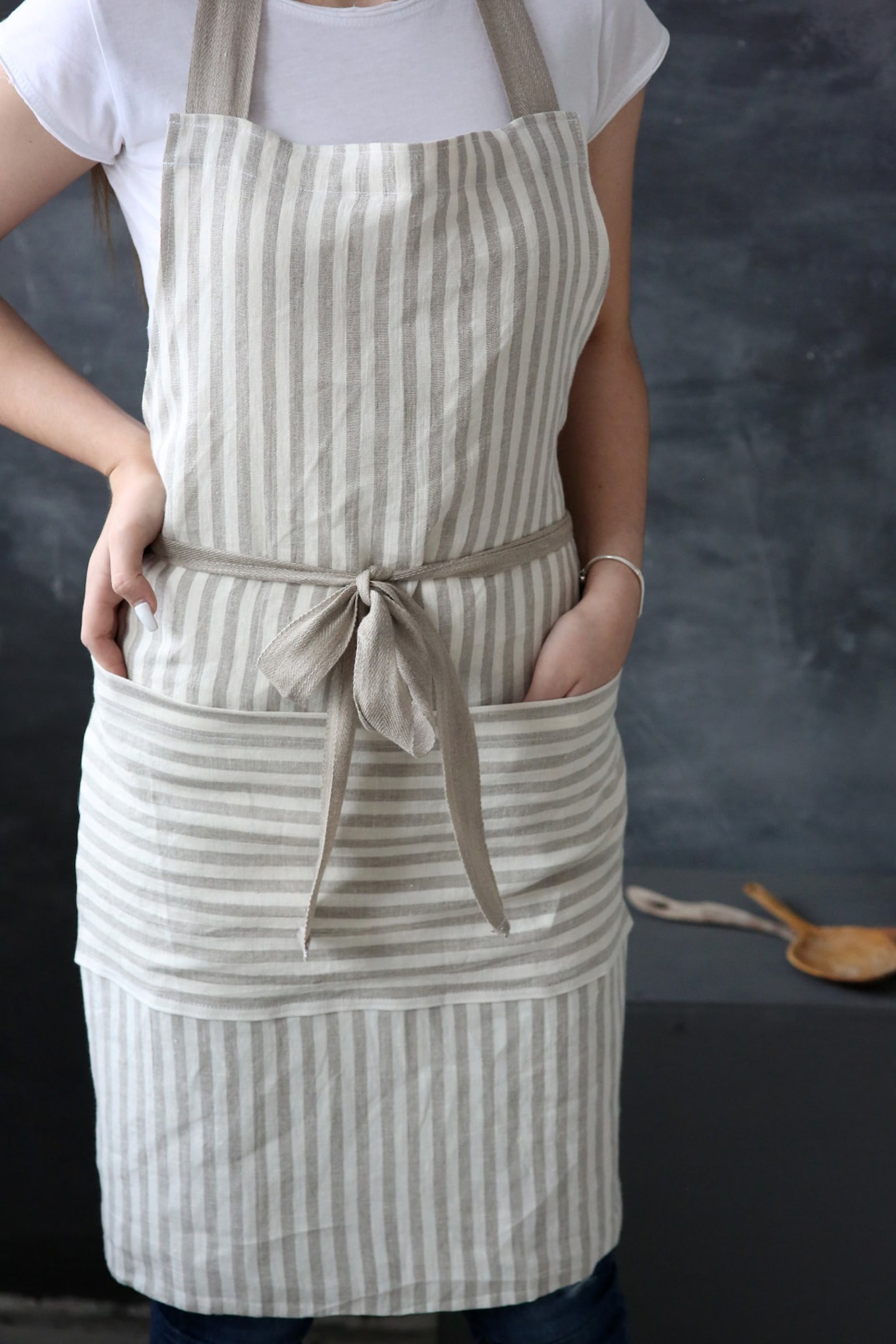 Blue Striped Full Linen Apron With Pockets for Women - Etsy