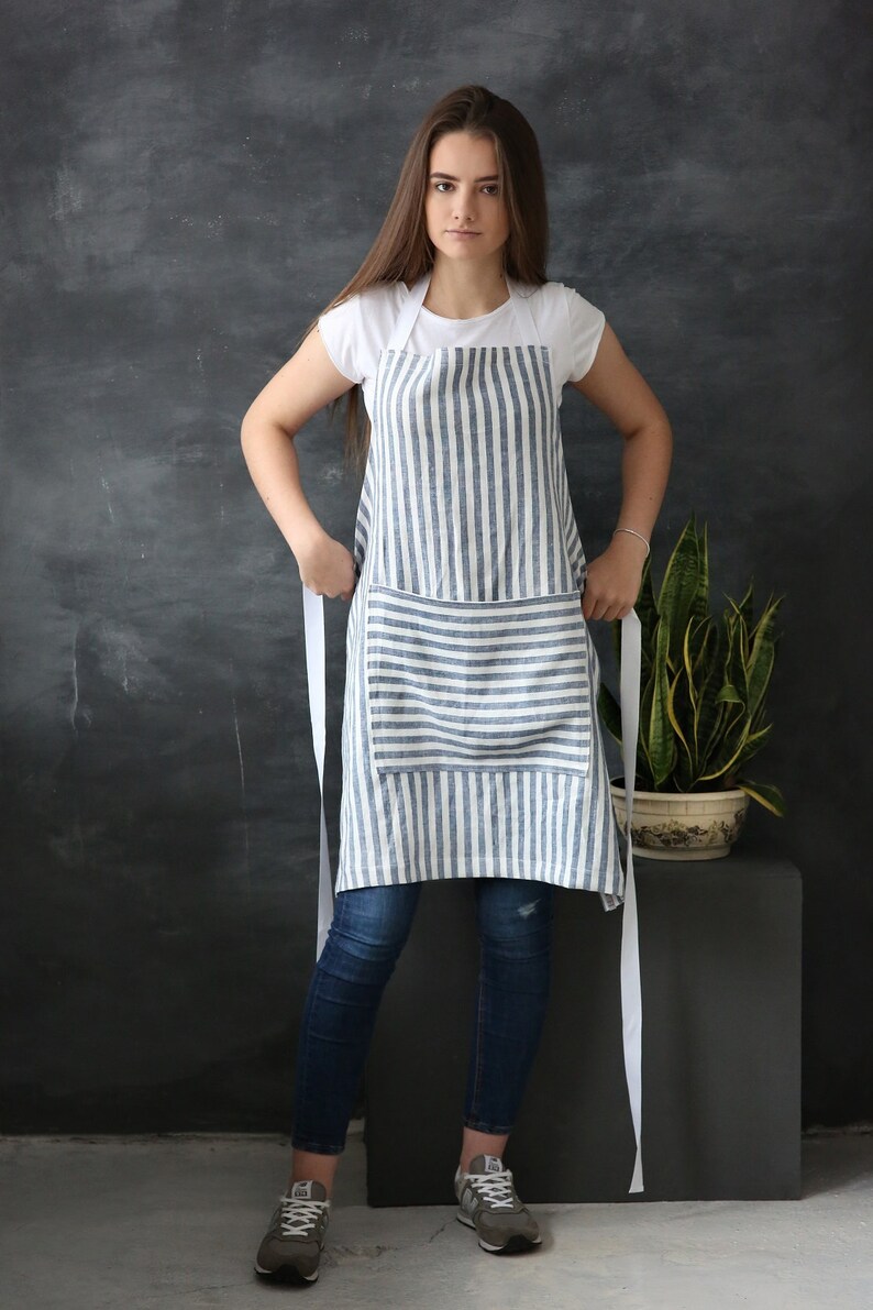Blue Striped Full Linen Apron With Pockets for Women - Etsy