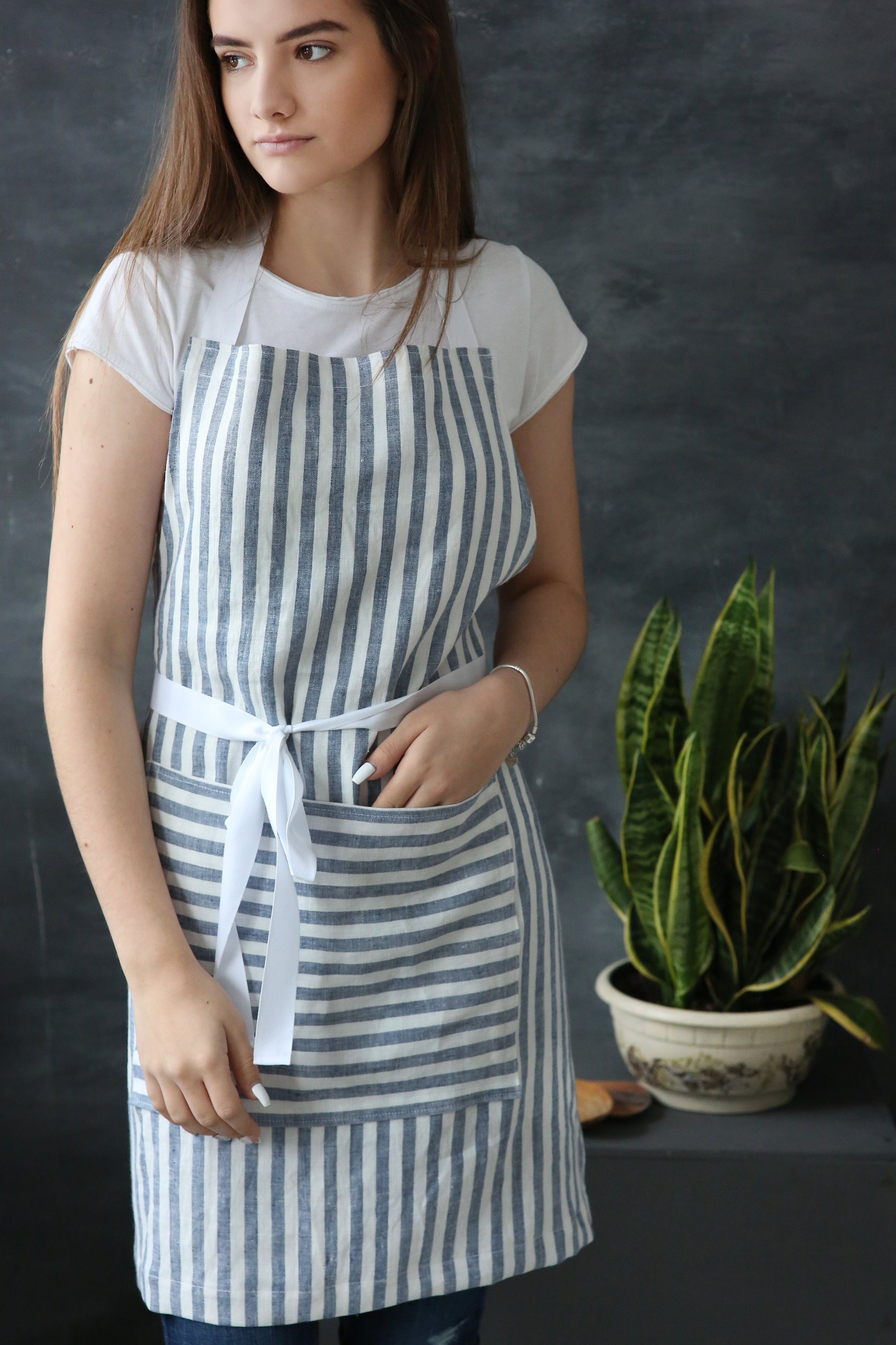 Blue Striped Full Linen Apron With Pockets for Women - Etsy