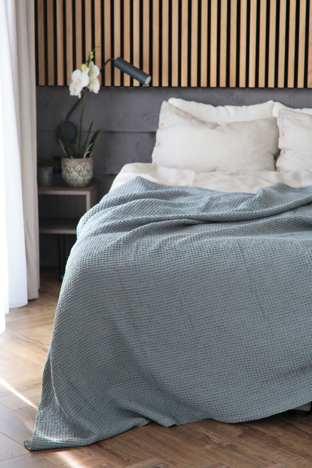 Waffle Texture Linen Blanket in Blush Blue Color, Linen Cotton Bed ...