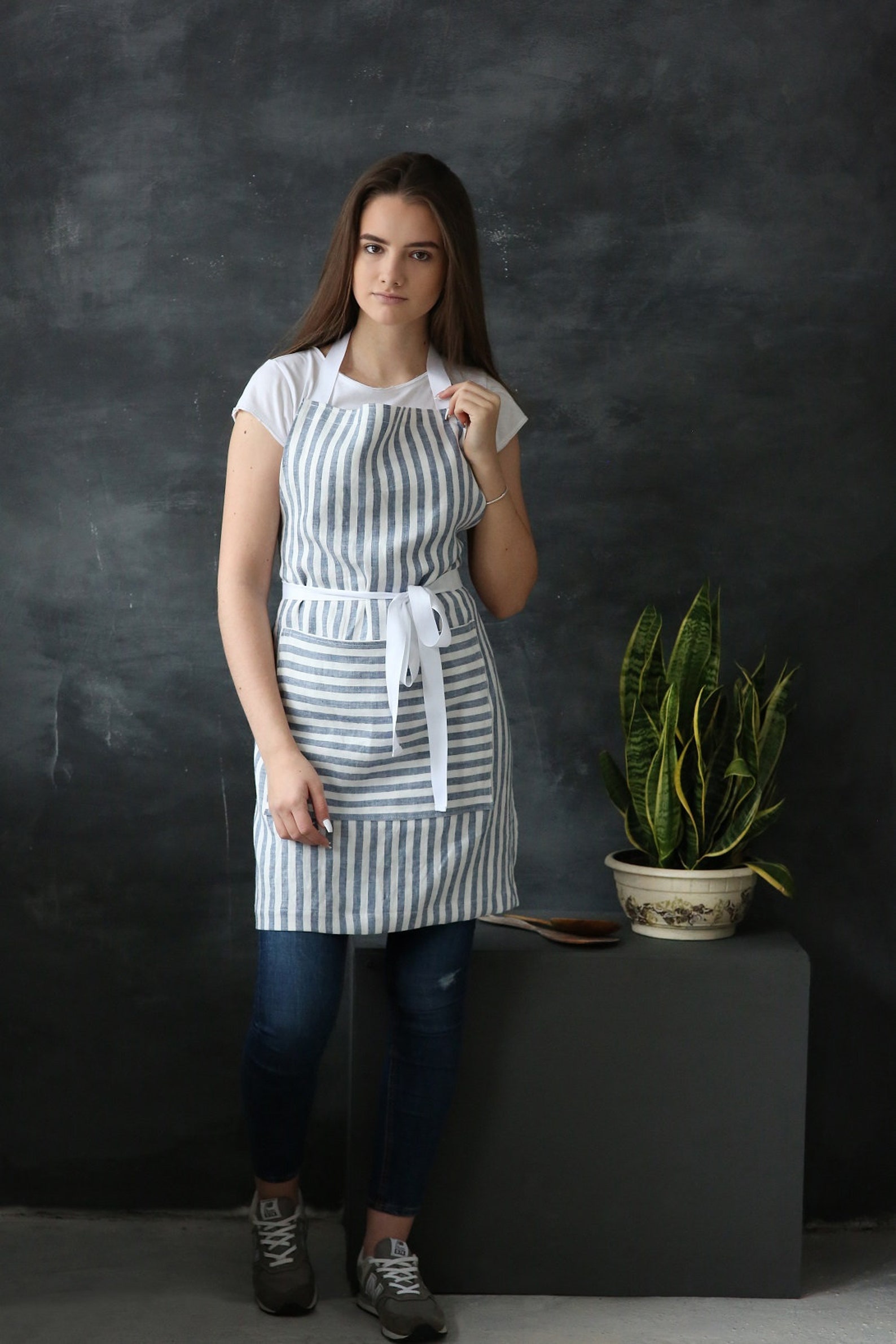 Blue Striped Full Linen Apron With Pockets for Women - Etsy