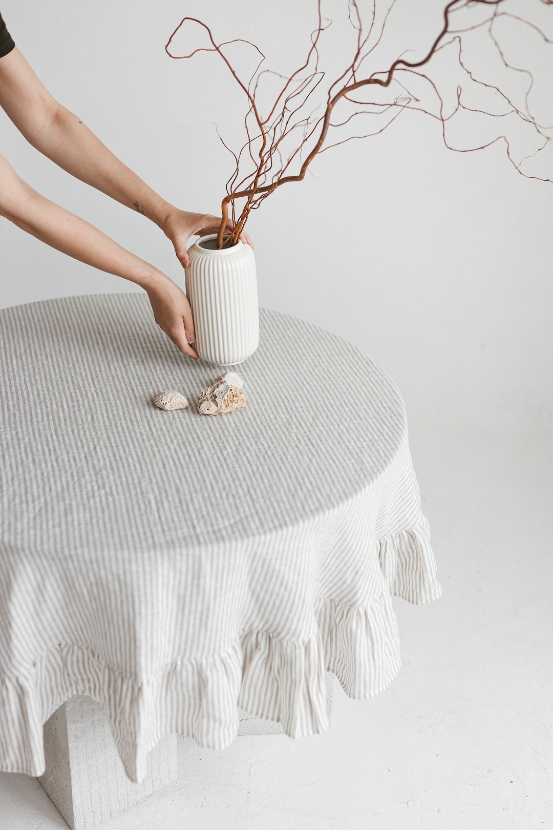 Round Ruffle Tablecloth From Stonewashed Linen, Easter Linen Tablecloth ...