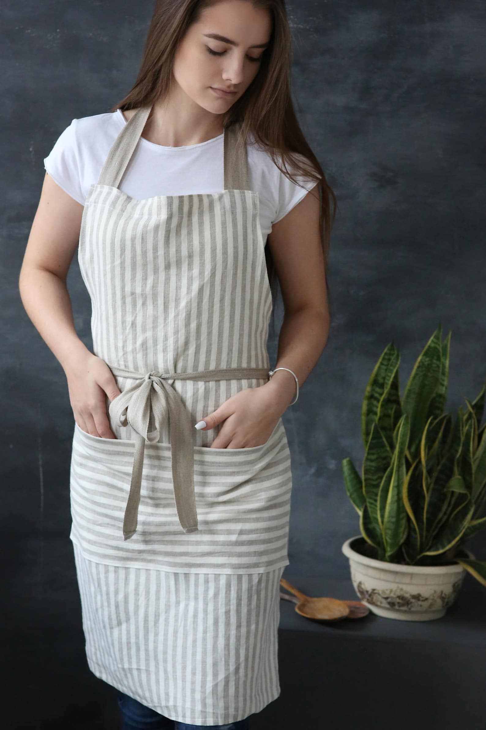 Blue Striped Full Linen Apron With Pockets for Women - Etsy