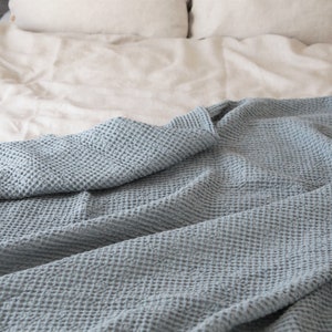 Waffle Texture Linen Blanket in Blush Blue Color, Linen Cotton Bed ...