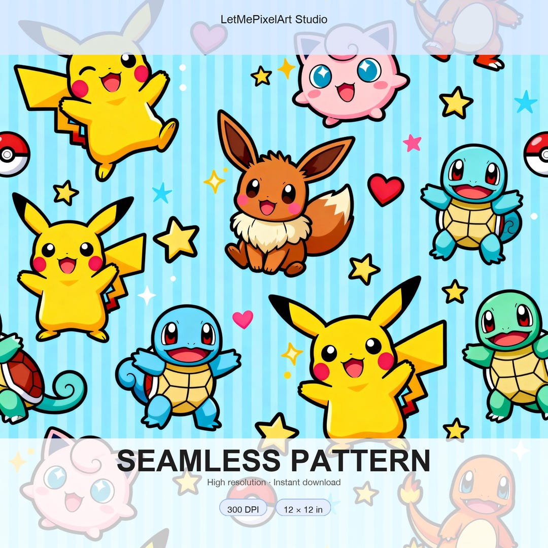 Pikachu Pokemon Seamless Pattern Digital Paper 12x12 300 DPI Instant ...