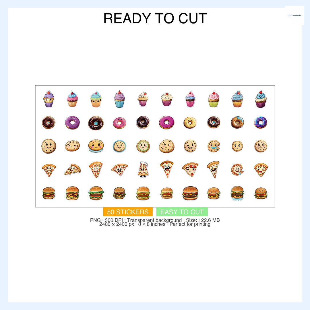 Cute Snacks Ready to Cut Sticker Pack | 300 DPI Ready to Cut Sticker ...