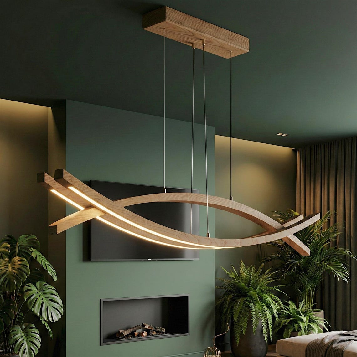 Curved Wooden LED Chandelier – Handmade Custom Pendant Light ...