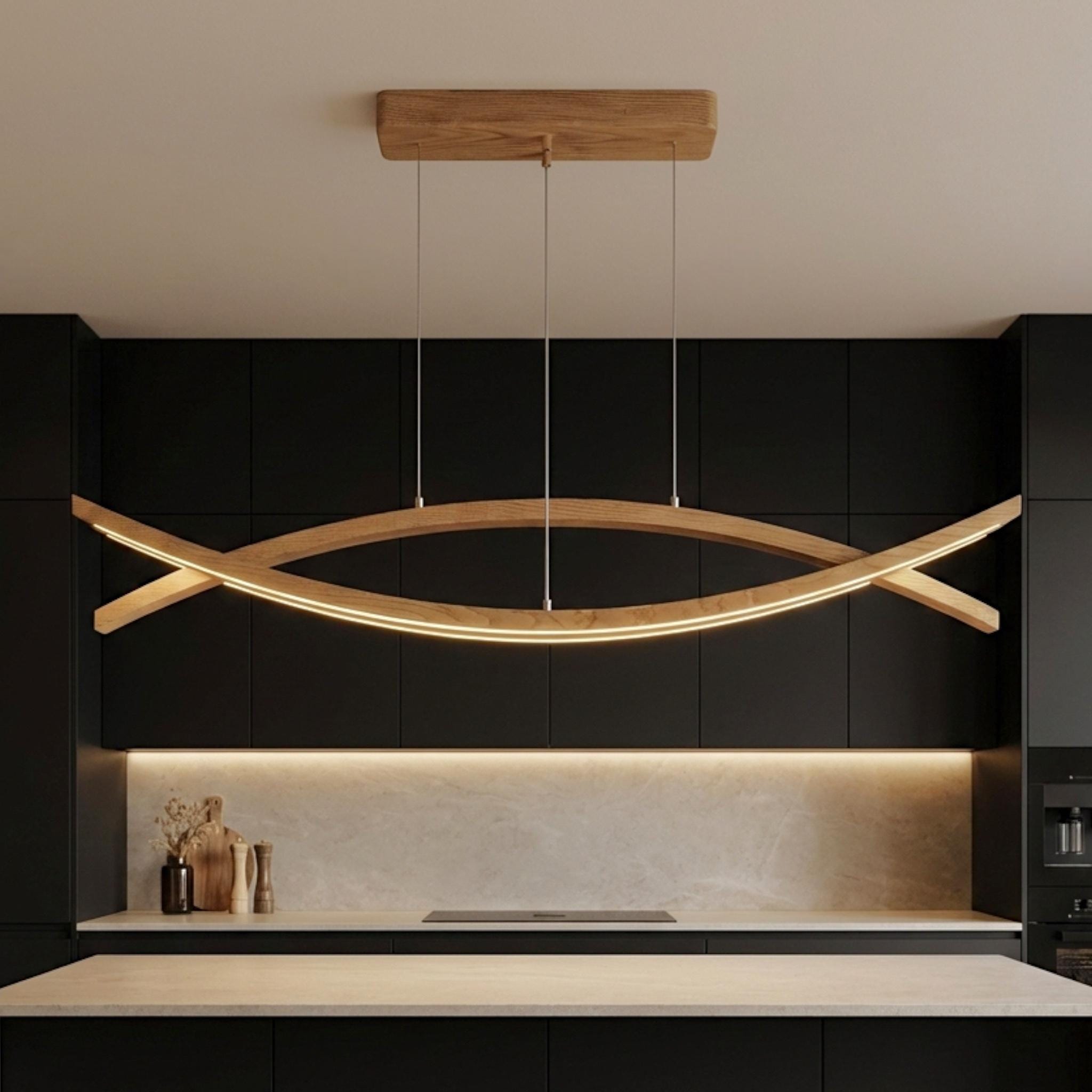 Curved Wooden LED Chandelier – Handmade Custom Pendant Light ...