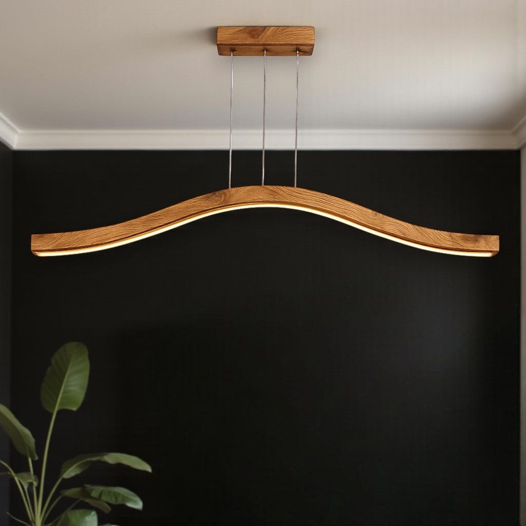 Curved Wood LED Pendant Light - Dimmable Modern Chandelier - Ceiling ...