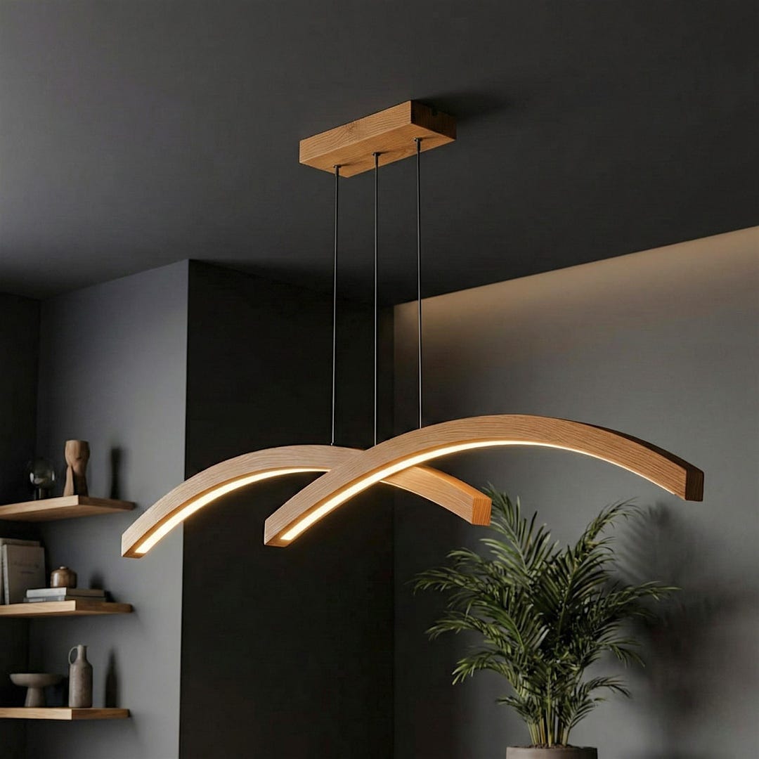 Handmade Wood Pendant Light - Curved Led Linear Ceiling Light for ...
