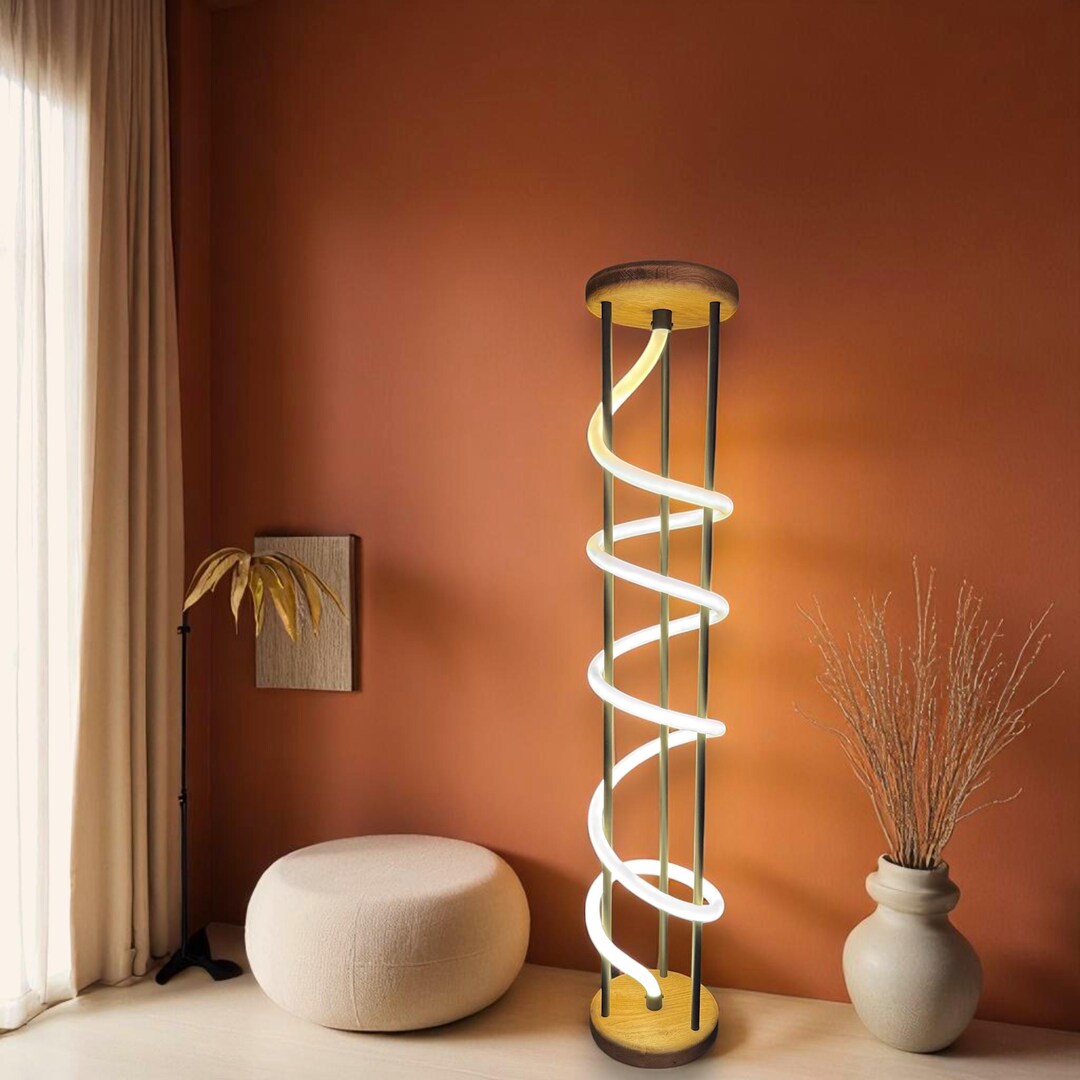 Modern Spiral LED Floor Lamp – Handmade Wood and Metal Helix Standing ...