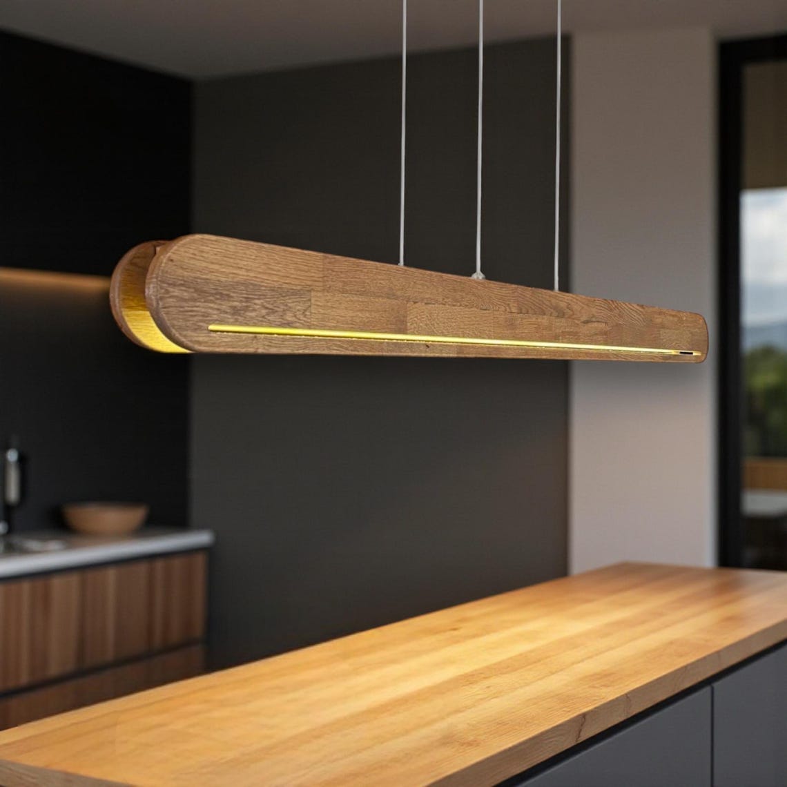 Wood Pendant Light - Dimmable Linear Led Ceiling Lamp - Home Decor ...