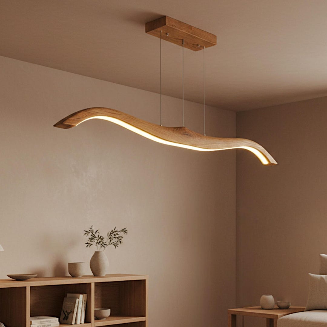 Handmade Curved Wooden LED Pendant Light - Custom Dimmable Oak Linear ...