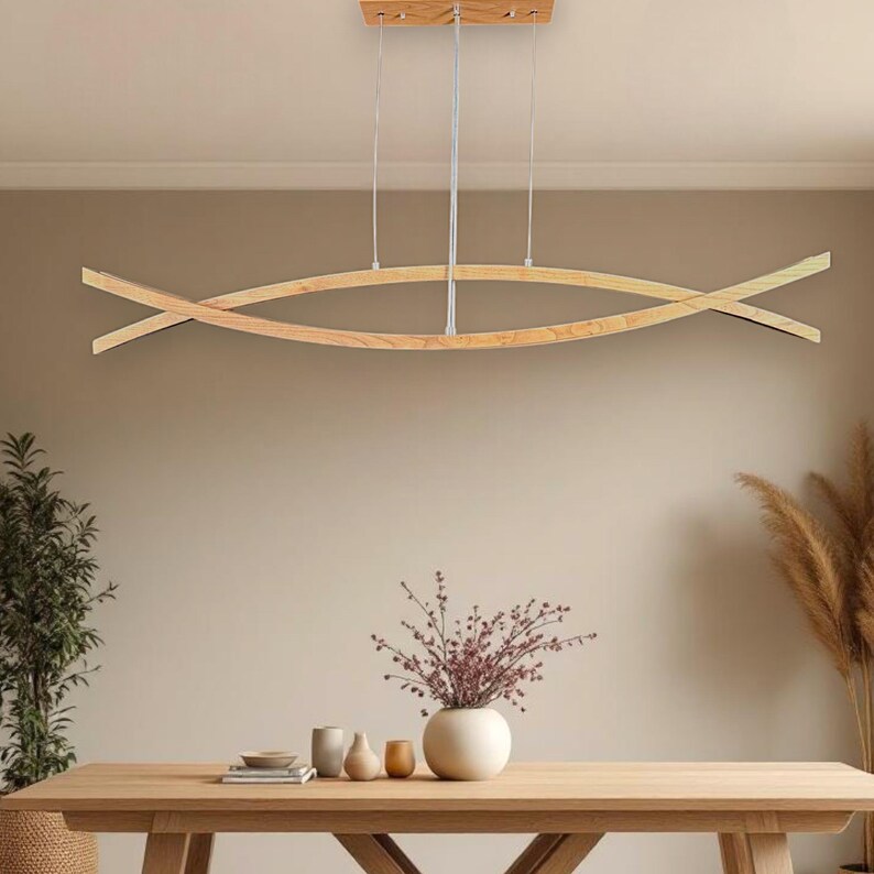 Curved Wooden LED Chandelier – Handmade Custom Pendant Light ...