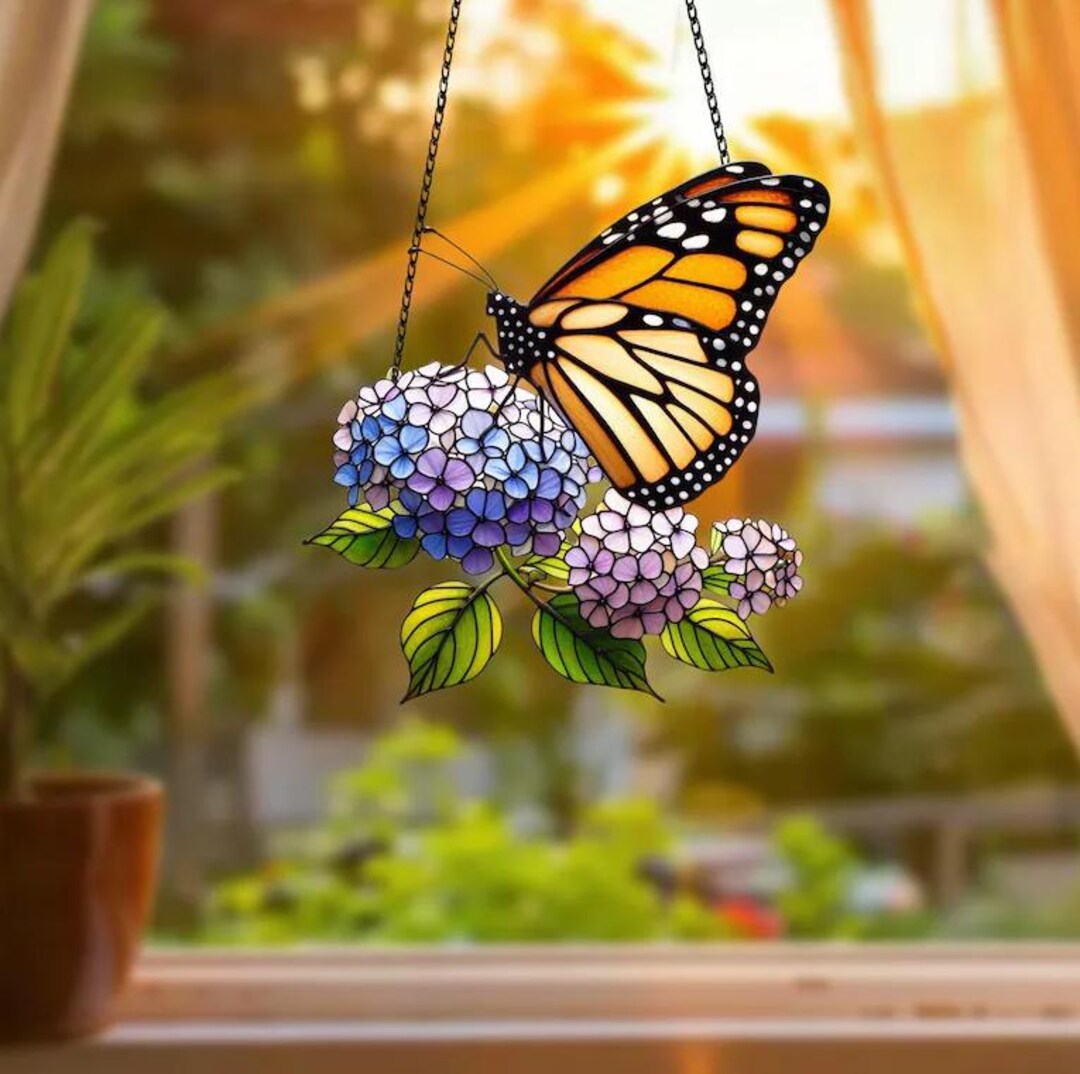Monarch Butterfly Window Hanging, Lavender Flowers Acrylic Window ...