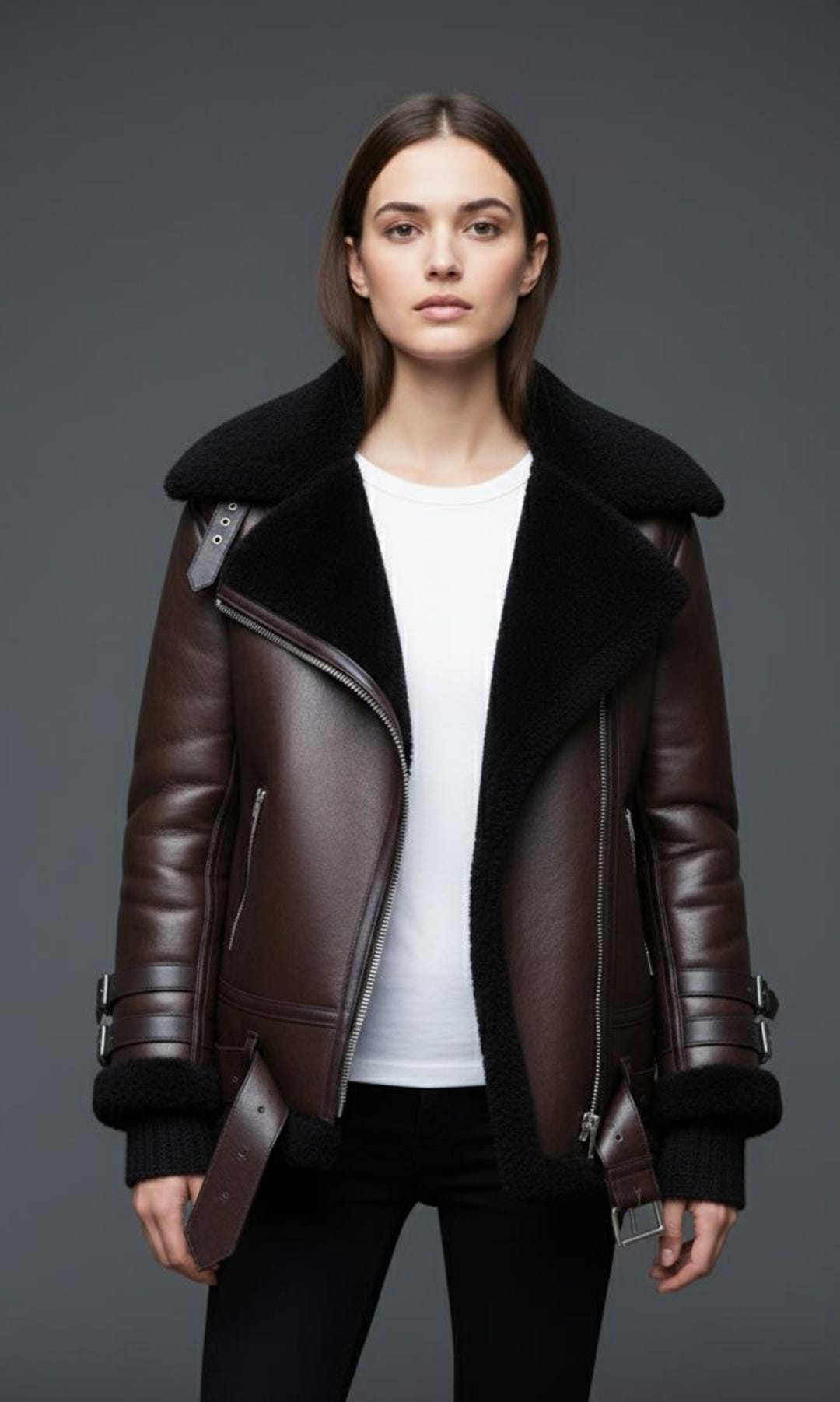 Women's Choco Brown Shearling Leather Jacket | Genuine Sheepskin Winter ...