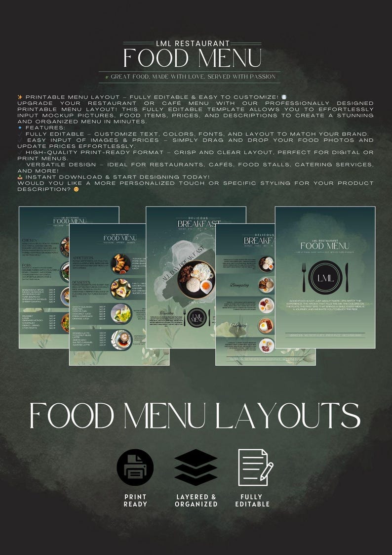 Printable and Fully Editable Menu Layouts - Etsy
