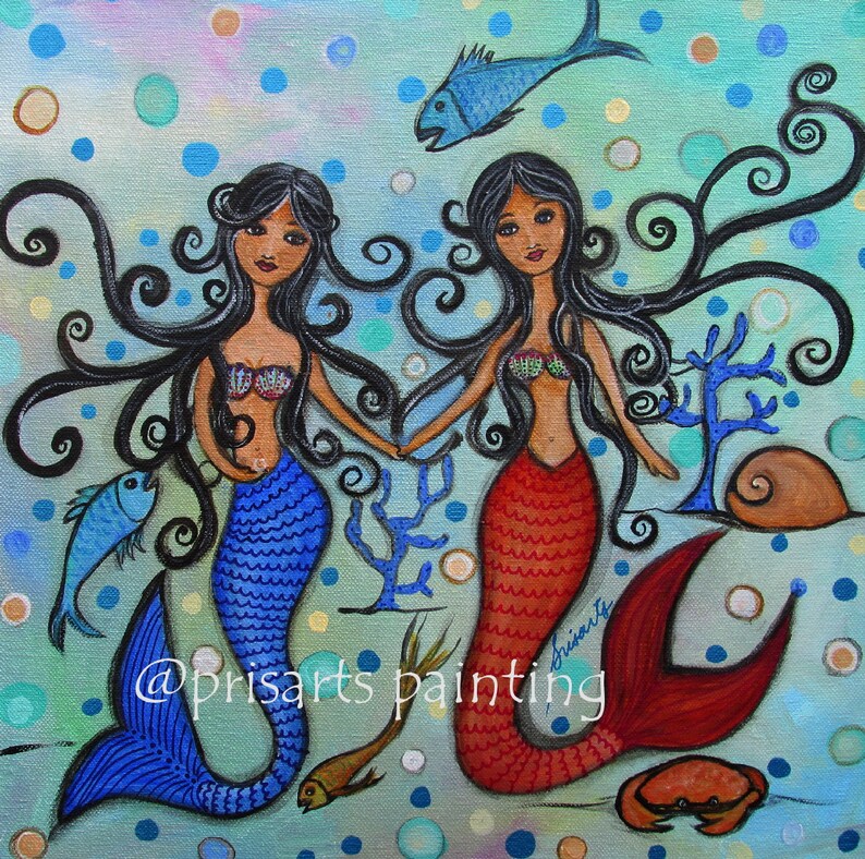 Folk Art Painting Mermaid Seascape Love Bestfriend Couple Original ...