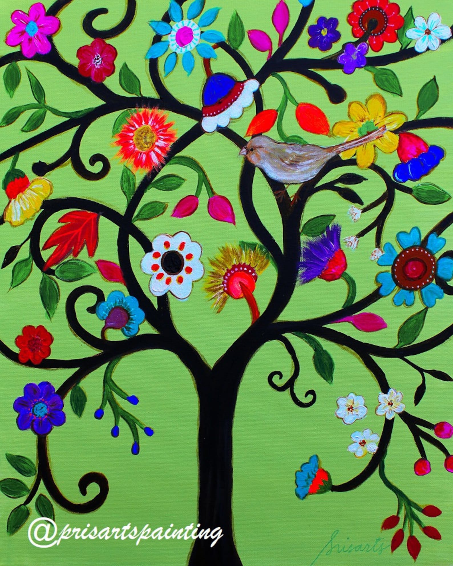 FOLK ART Tree of Life Blooms Flowers Painting PRINT by Pristine Turkus ...