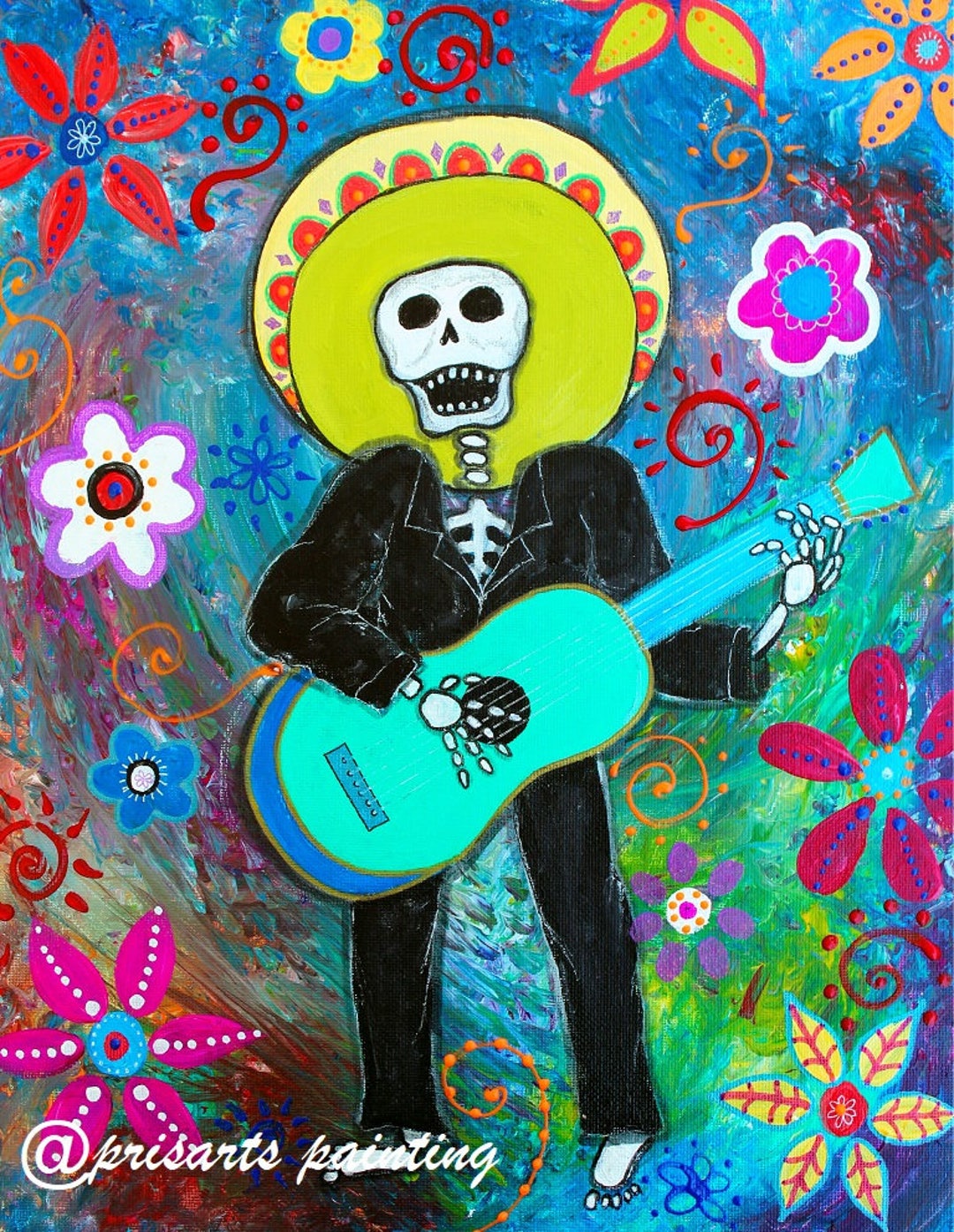 Folk Art Pristine Day of the Dead Mariachi Guitar Musico Prisarts ...