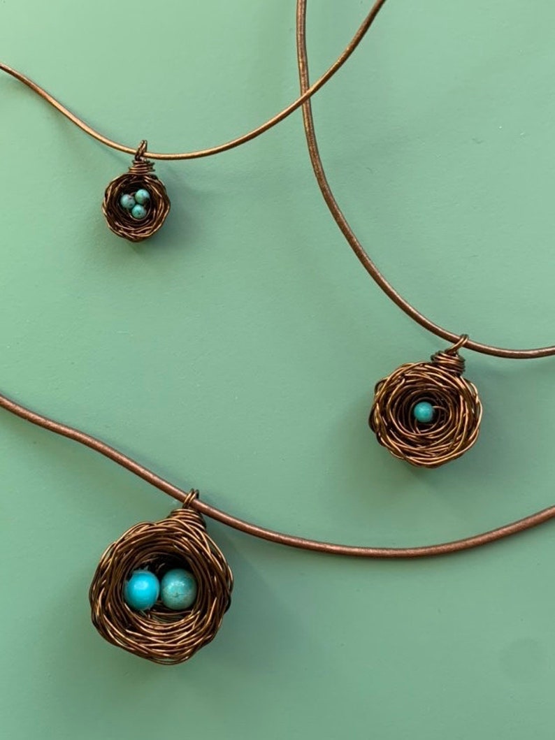 Mini Bird Nest Pendant Necklace: Kingman Turquoise Eggs, Initial Charms ...