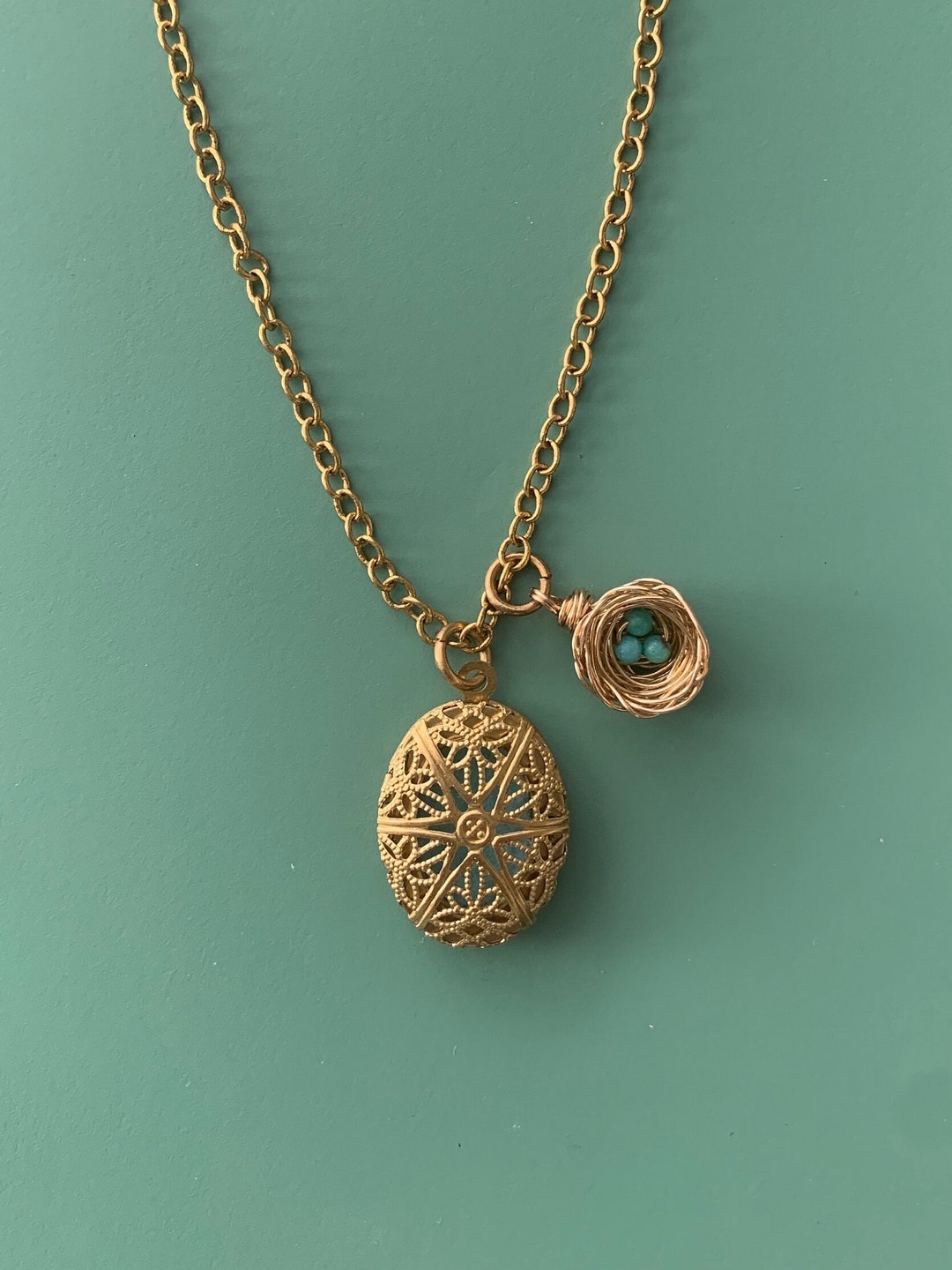 Diffuser Locket Necklace: Kingman Turquoise Nest Pendant, Brass - Etsy