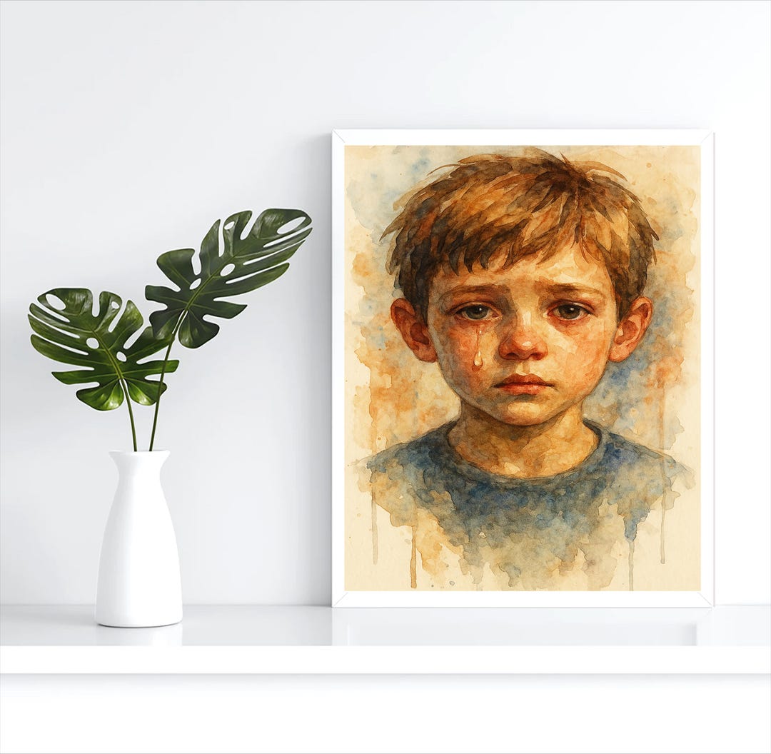 AI Tear Eyes Watercolor Wall Art, Emotional Wall Art, Sad Boy Painting ...