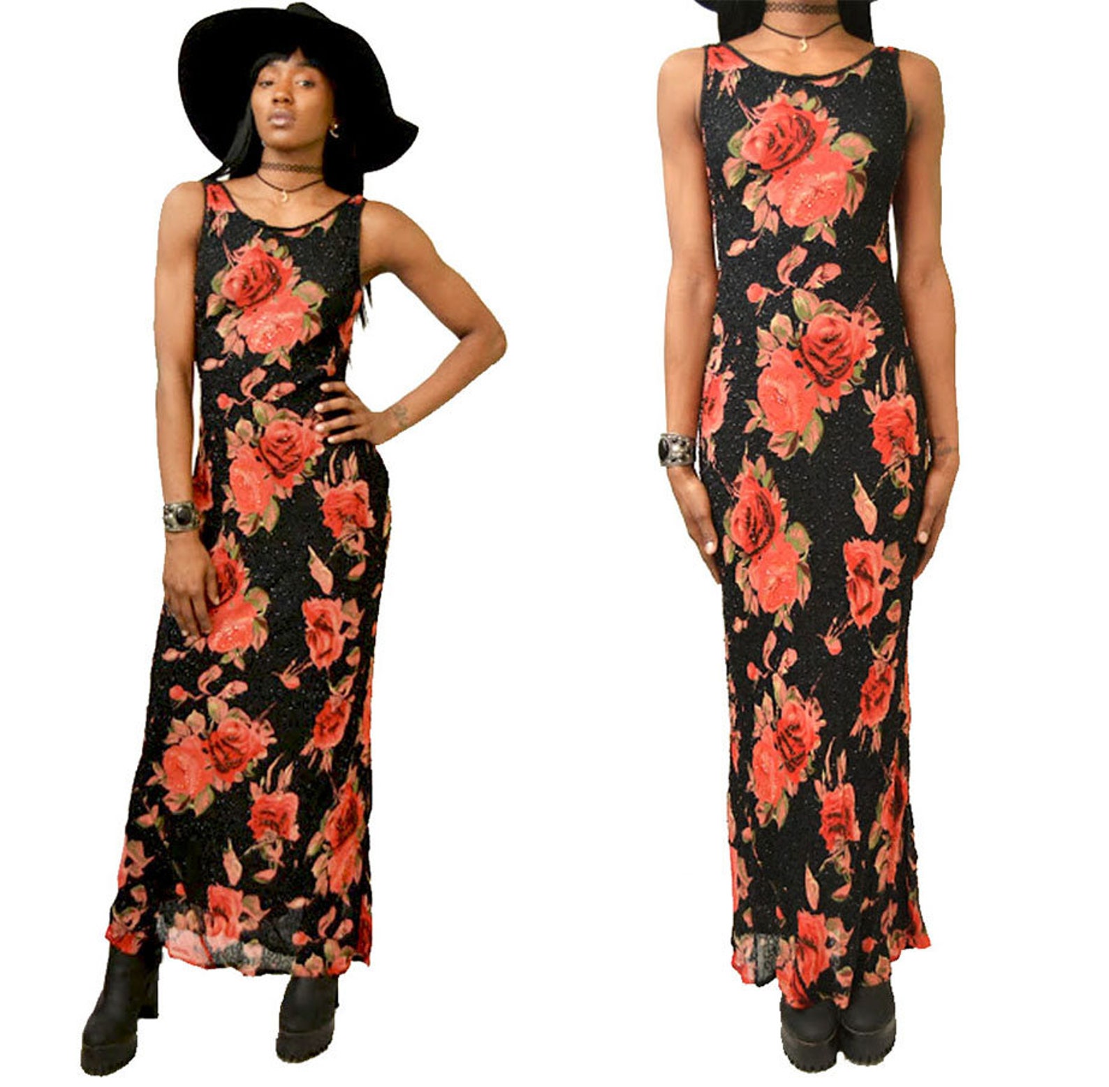 Vintage 90's Floral Night Rose Sequins Slinky Maxi Dress // S - Etsy