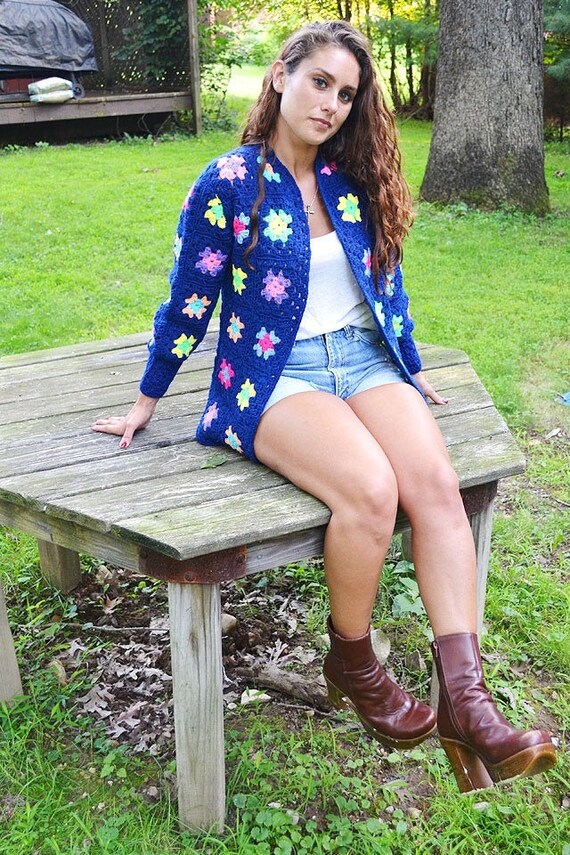 Vintage Granny Square Festival Crochet Cardigan Sm Gem