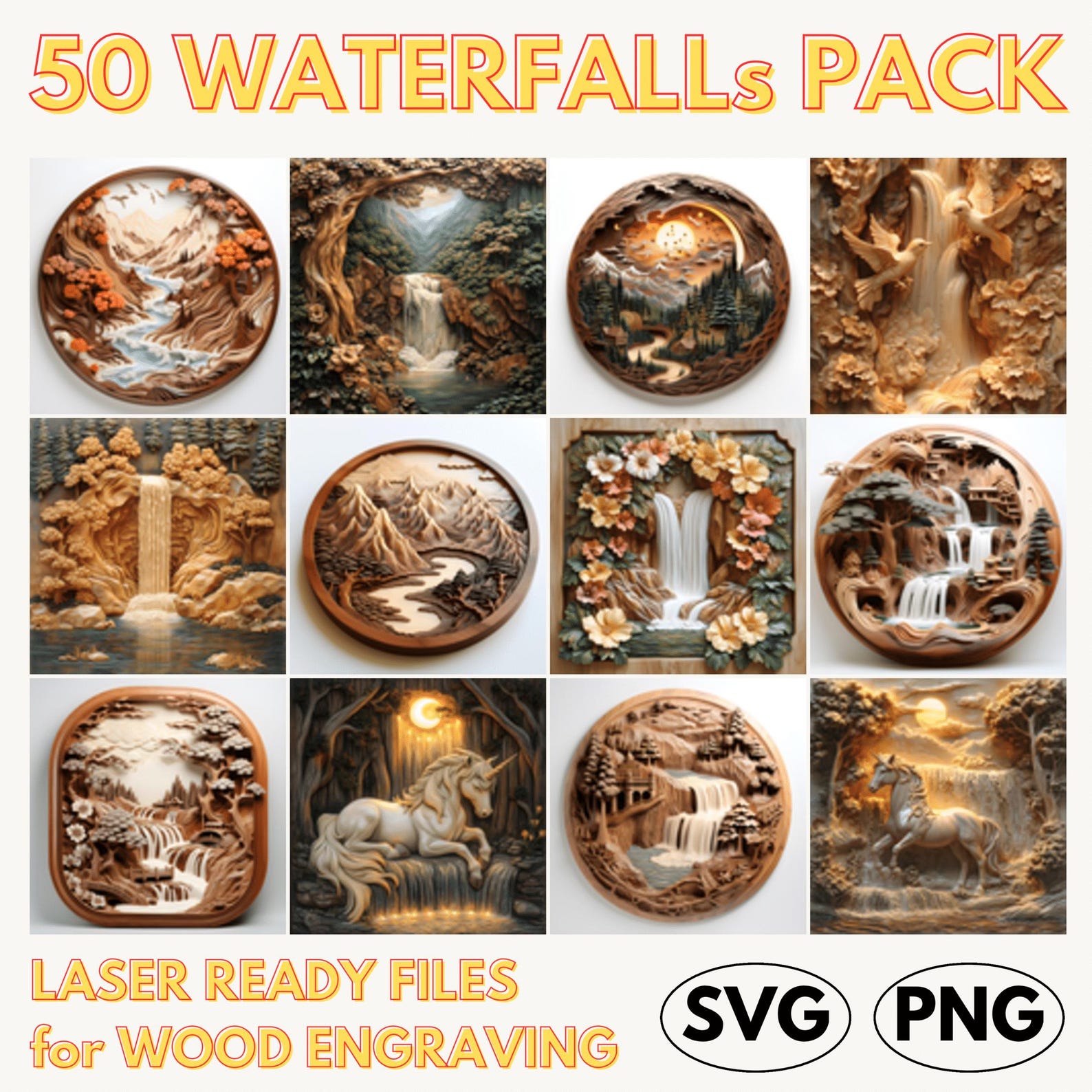 3D Illusion Waterfall Bundle, Laser Engraving PNG, SVG Cut Files, Wood ...