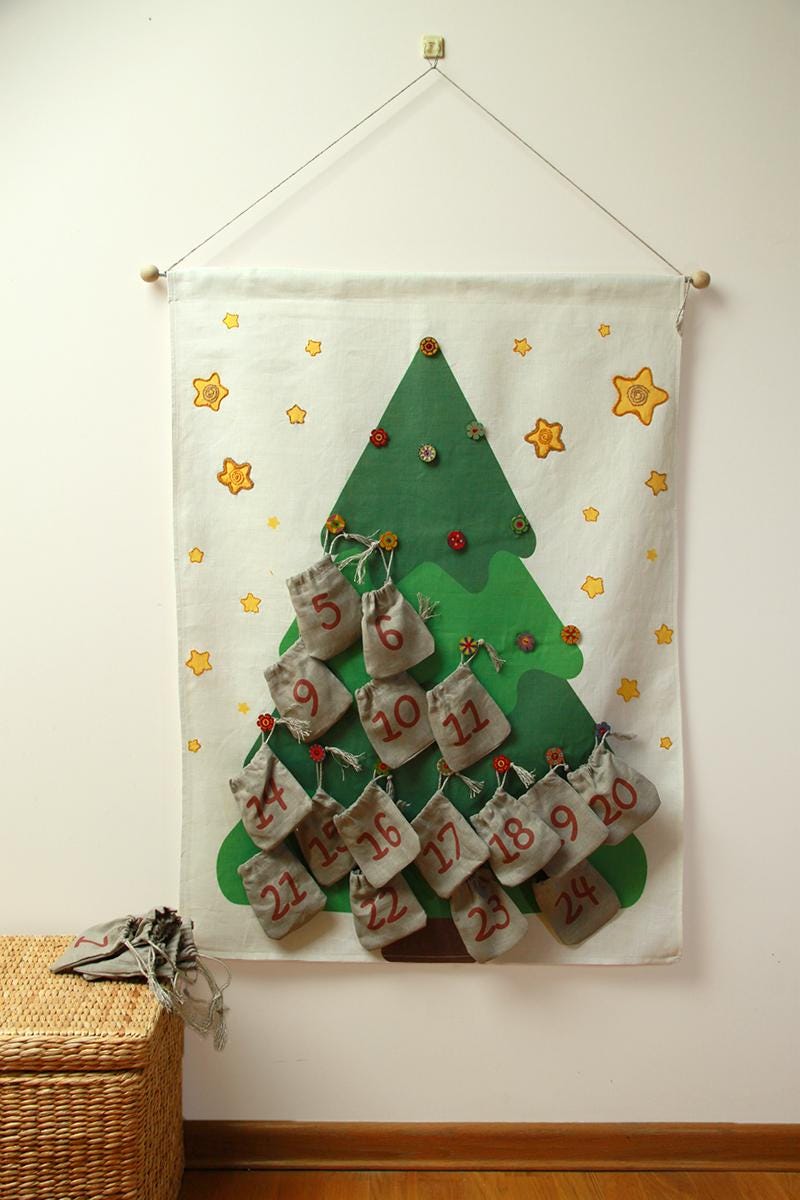 Linen Advent Calendar 2025 for Kids: Embroidered Christmas Tree ...