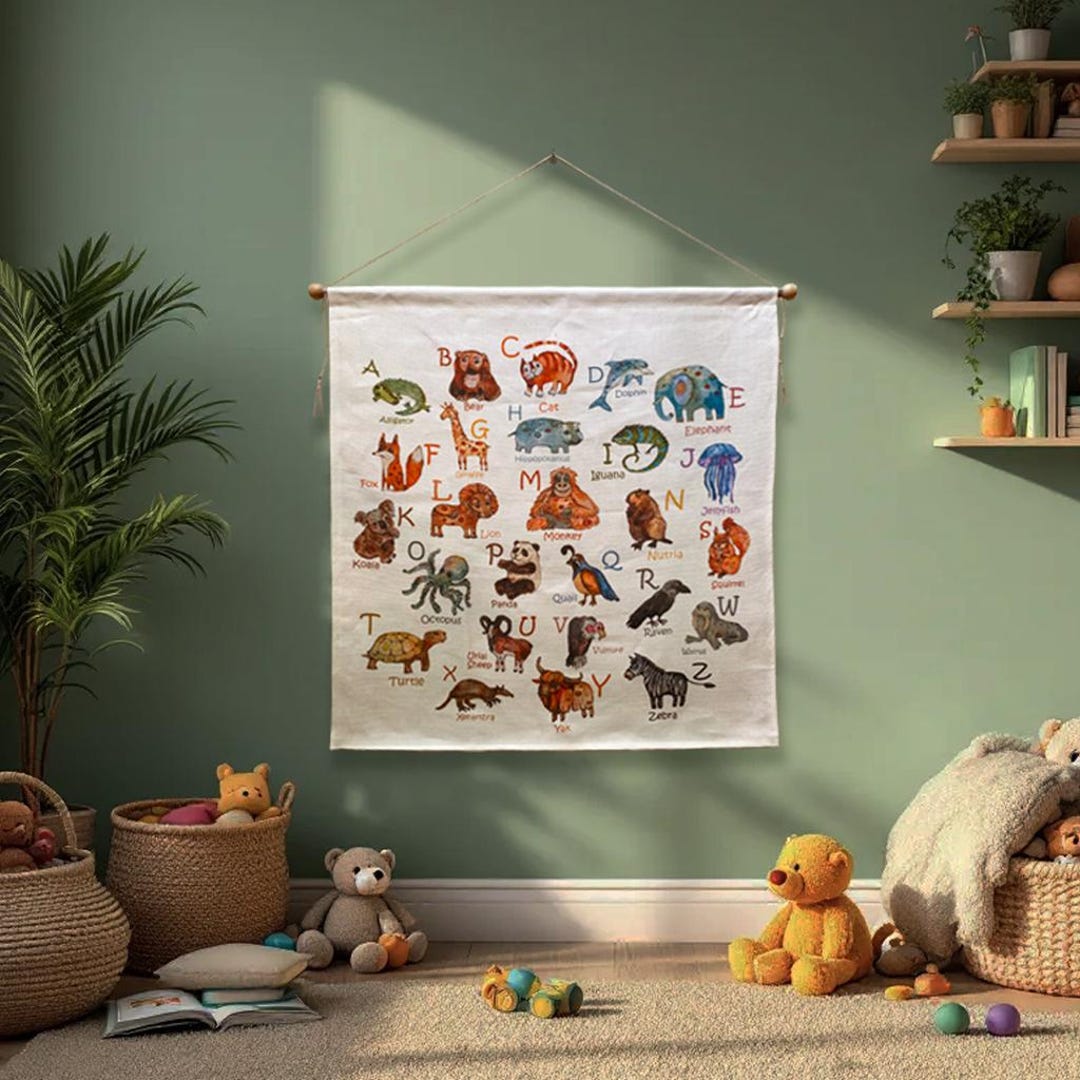 Woodland Animal Alphabet Linen Wall Hanging: Watercolor Nursery Decor ...