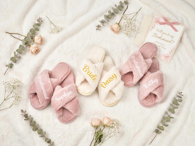 Personalized Bridesmaid Slippers, Custom Fluffy Slippers, Fuzzy Bridal ...