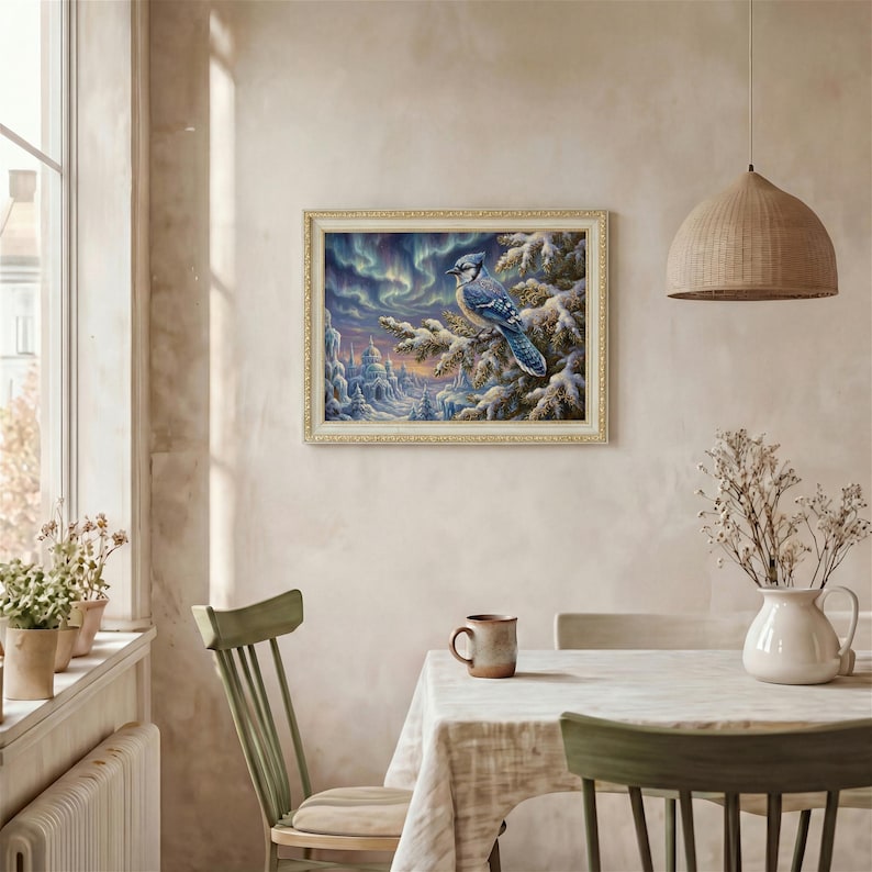 Blue Jay Winter Wonderland Oil Painting Poster With Northern Lights and ...