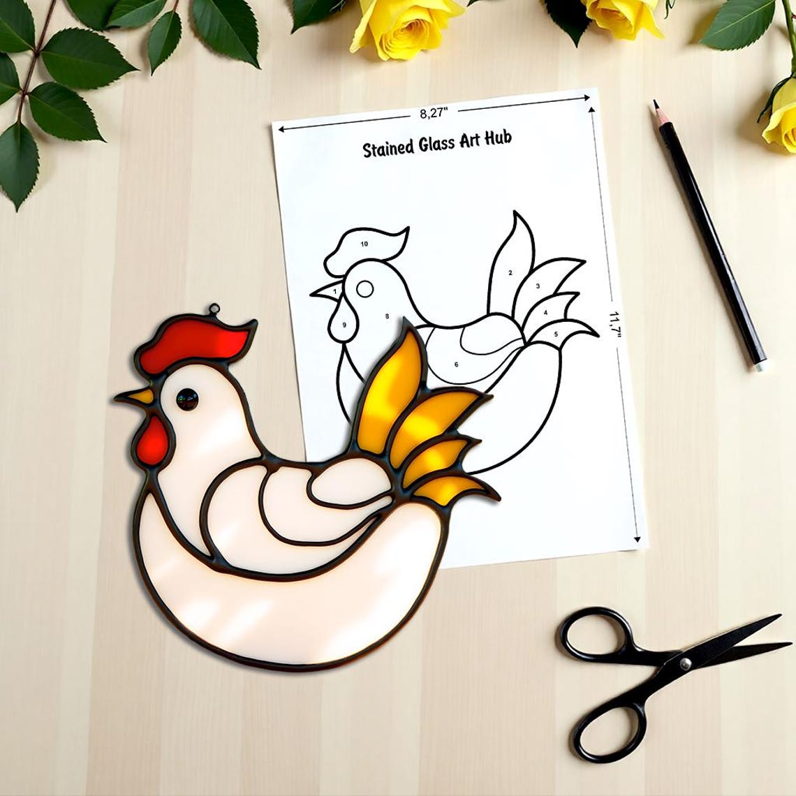 Chicken Suncatcher Stained Glass Pattern, Farmhouse Kitchen Decor (pdf ...