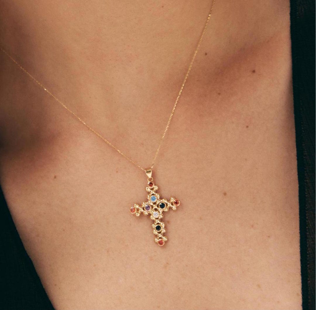 14K Solid Gold Colorful Cross Necklace | Cross Religious Necklace ...