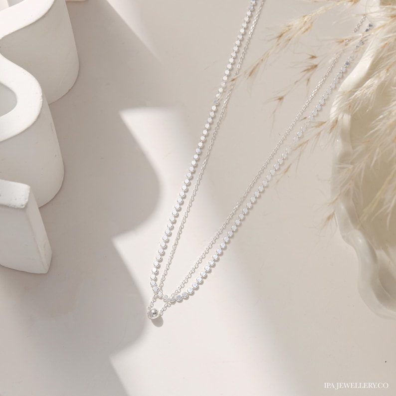 Double Layer 925 Sterling Silver Necklace With Beaded Chain, Two ...